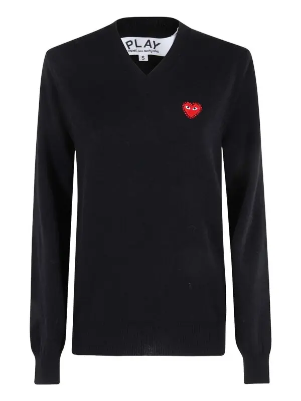 Play Comme Des Garcon V-neck Long Sleeve Sweater With Heart Logo - Black