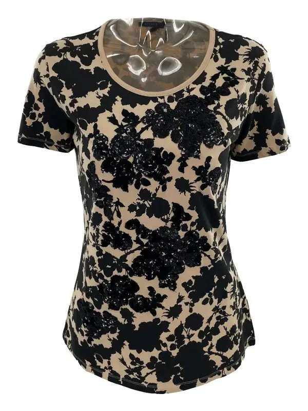 Sportmax Short Sleeve T-shirt With Floral Print And Embellishments - Black