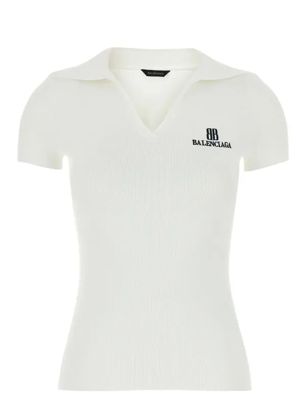 Balenciaga Logo Embroidered V-neck Polo Shirt - White