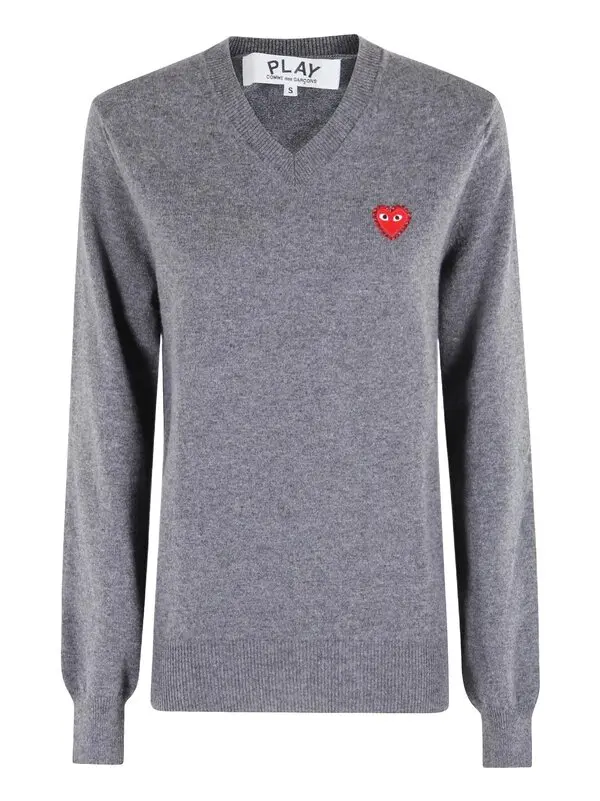 Play Comme Des Garcon V-neck Long-sleeve Sweater With Heart Logo - Gray