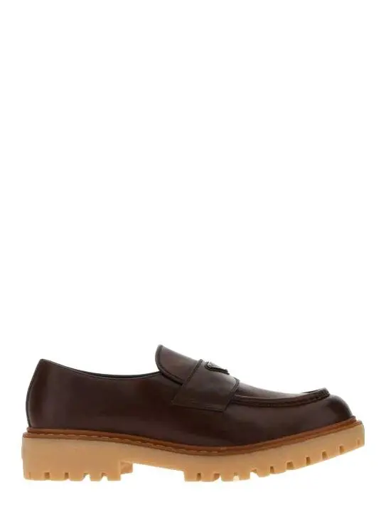 Prada Logo Plaque Round Toe Loafers - Black