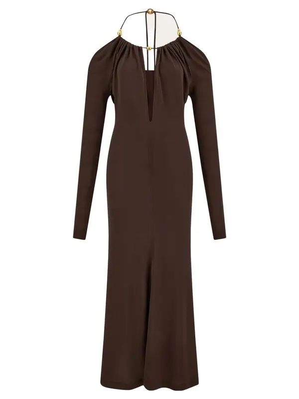 FERRAGAMO Off-the-shoulder Crepe Dress With Embellished Neckline - Dark Brown
