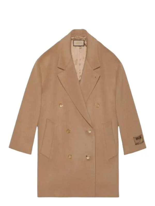 Gucci Double-breasted Coat With Embroidered Label - Camel