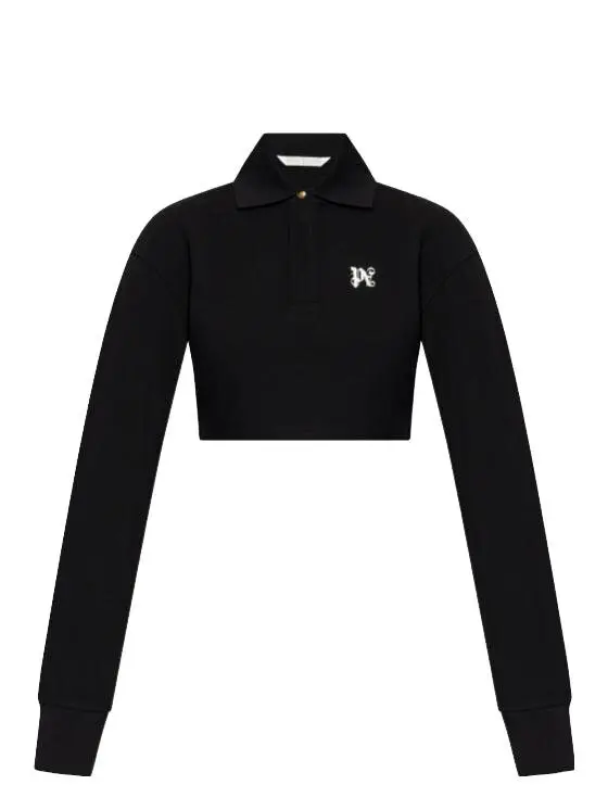 Palm Angels Monogram Embroidered Cropped Polo Shirt - Black