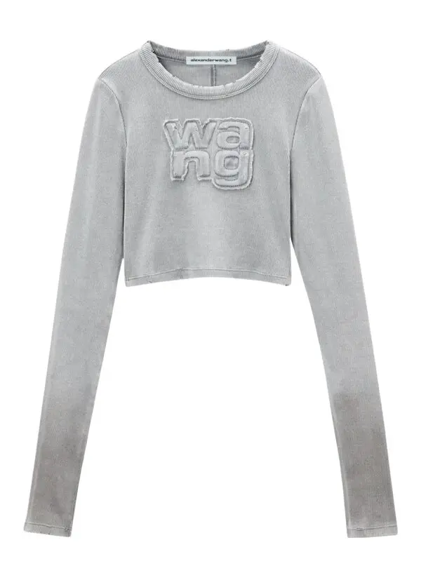 Alexander Wang Cropped Long Sleeve Top With Fluffy Logo - Light Gray