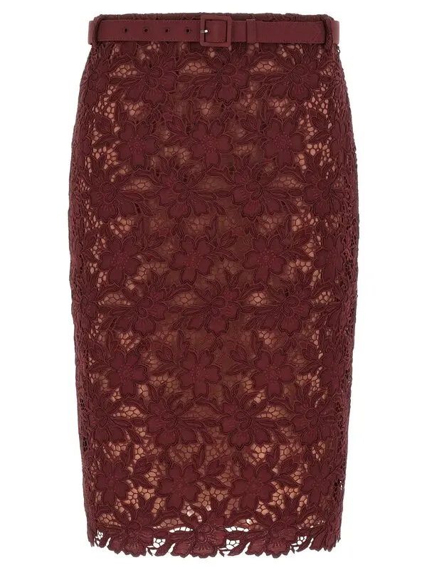 SELF-PORTRAIT Lace Midi Skirt - Wine Red