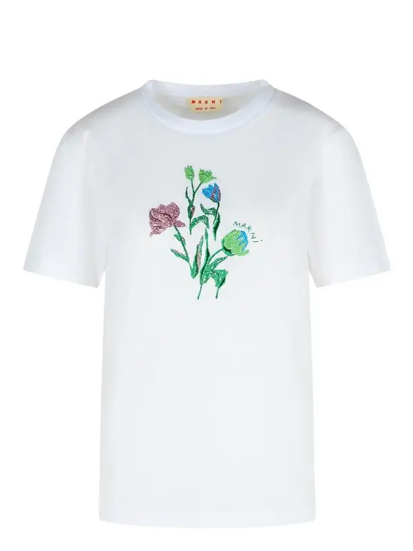 Marni Short-sleeved T-shirt With Floral Embroidery - White
