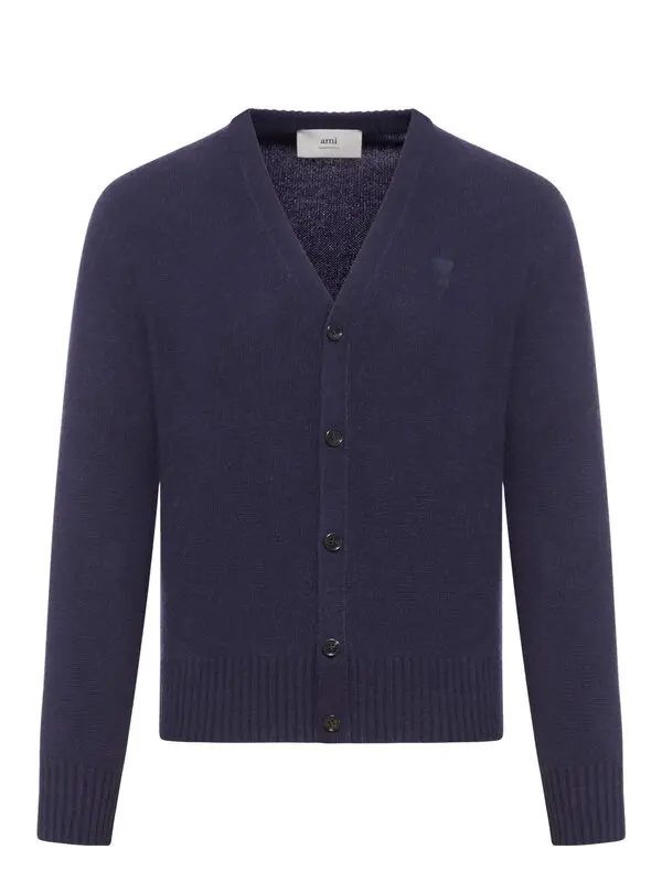 Ami Logo Embroidered V-neck Cardigan - Navy Blue
