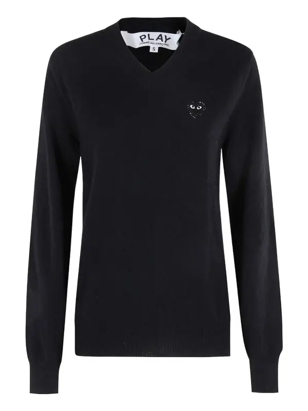 Play Comme Des Garcon Long-sleeved V-neck Sweater With Heart Logo - Black