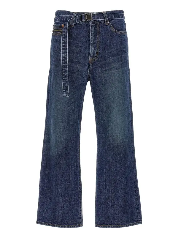 Sacai Boot-cut Belted Denim Jeans - Blue