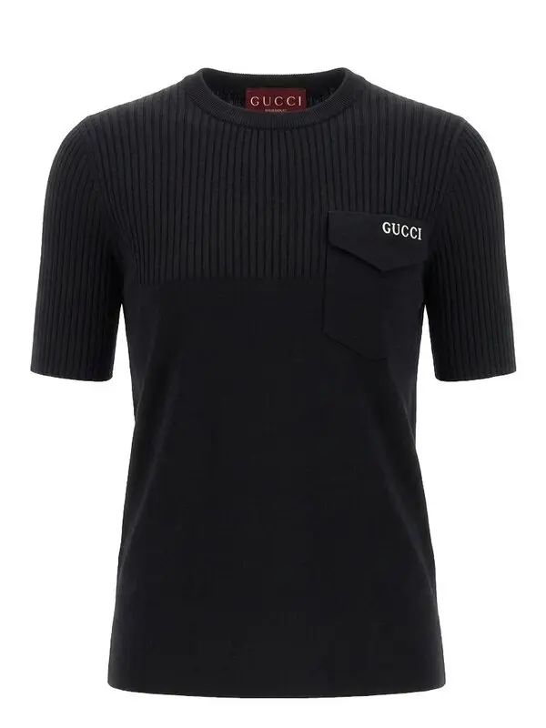 Gucci Ribbed Crewneck Top With Pocket - Black