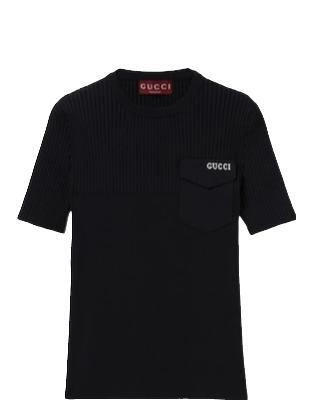 Gucci Ribbed Crewneck Top With Pocket - Black