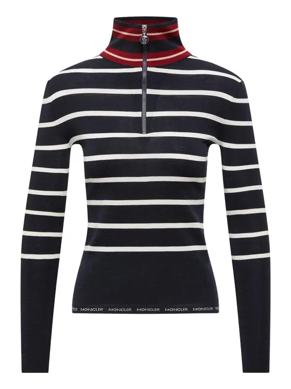 Moncler Striped Wool Turtleneck Sweater With Zip Fastening - Blue And White