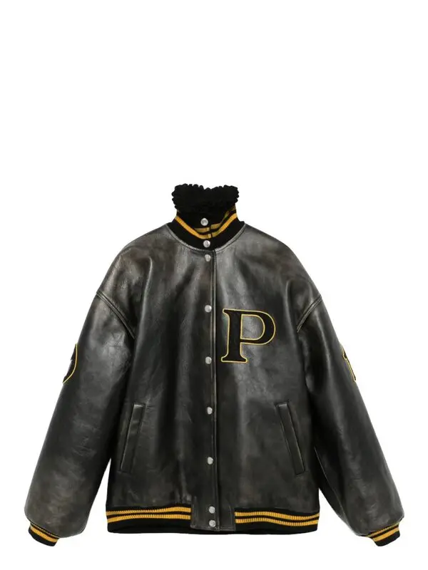 Prada Leather Varsity Jacket With Ribbed Trim - Black