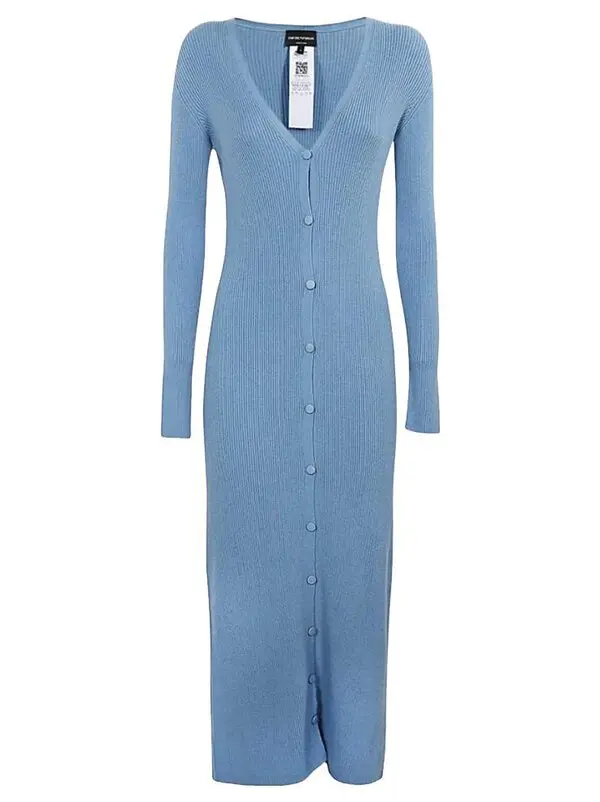 Emporio Armani Ribbed Long Sleeve V-neck Dress - Blue
