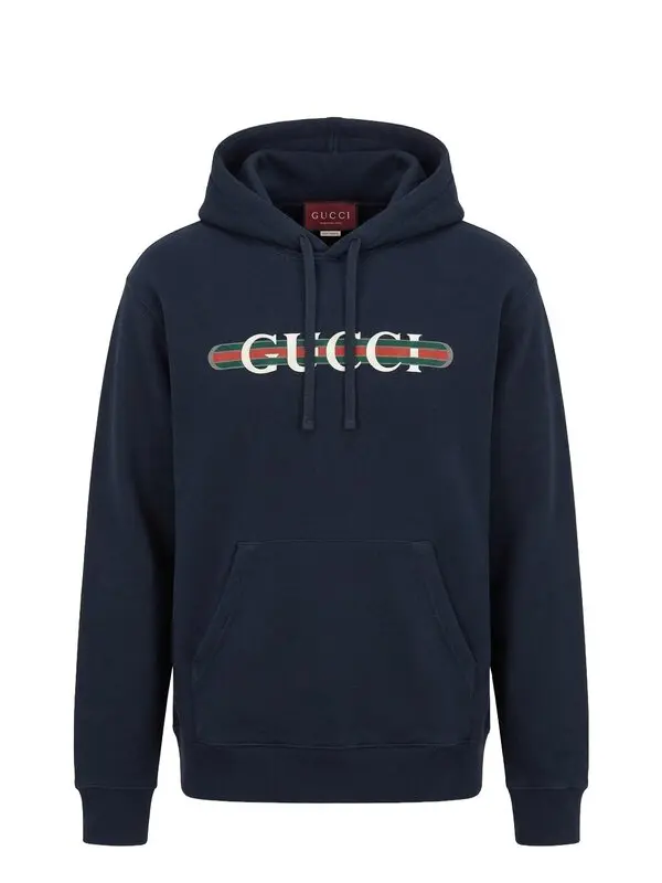 Gucci Printed Logo Hooded Sweatshirt - Navy Blue