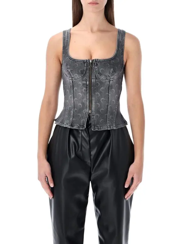 MARINE SERRE Sleeveless Denim Bustier Top With Moon Pattern - Black