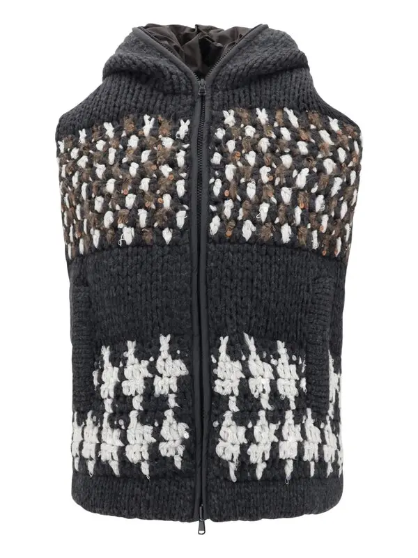 Brunello Cucinelli Macro Prince Of Wales Opera Knit Hooded Down Vest - Black