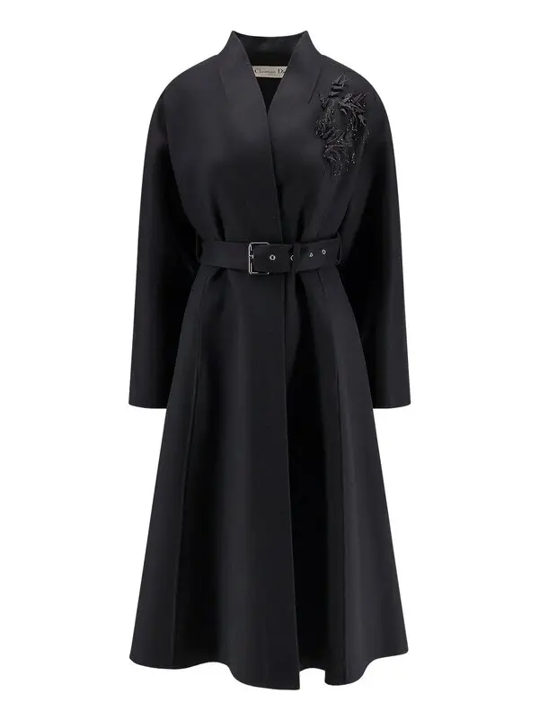 Dior Embellished Tie Waist Long Sleeve Coat - Black