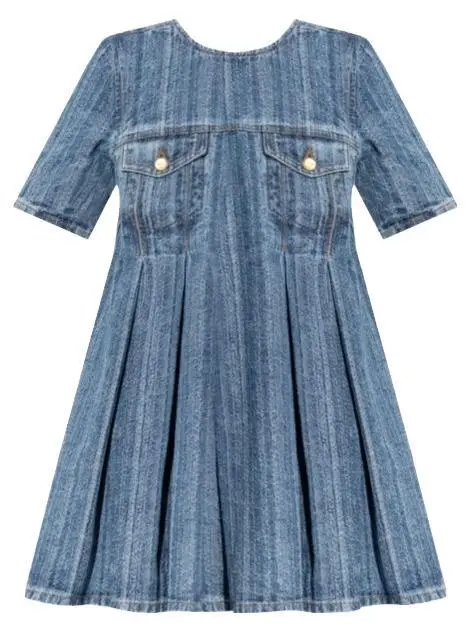 GANNI Striped Denim Pleated Dress - Blue