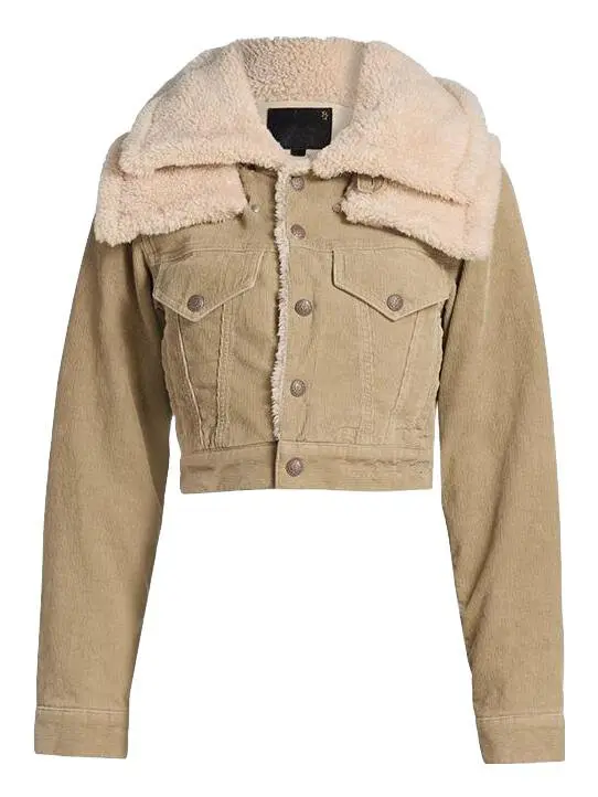 R13 Long Sleeve Cropped Jacket With Shearling Collar - Nude