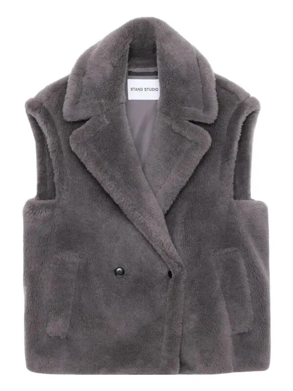 STAND STUDIO Clary Double-breasted Faux Fur Vest - Black