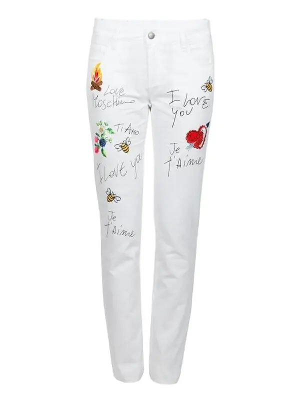 Moschino Slim Fit Logo Embroidered Pants - White
