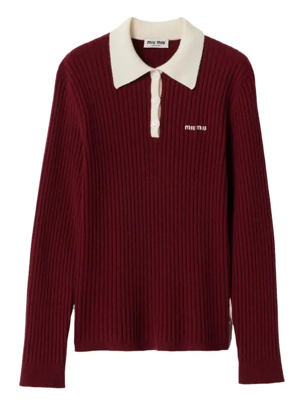 Miu Miu Long-sleeved Knitted Polo Shirt - Fuchsia/natural