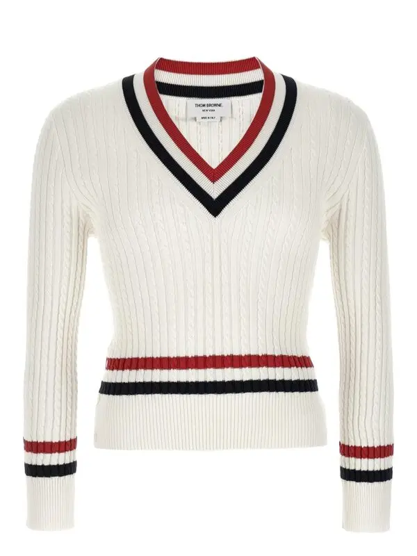 Thom Browne V-neck Jumper With Signature Striping - White