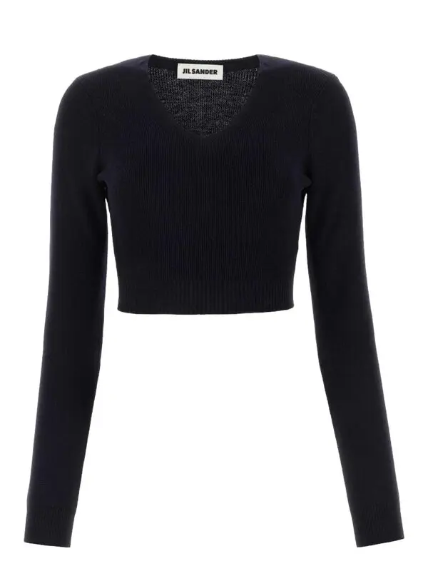 JIL SANDER V-neck Knitted Crop Top - Black