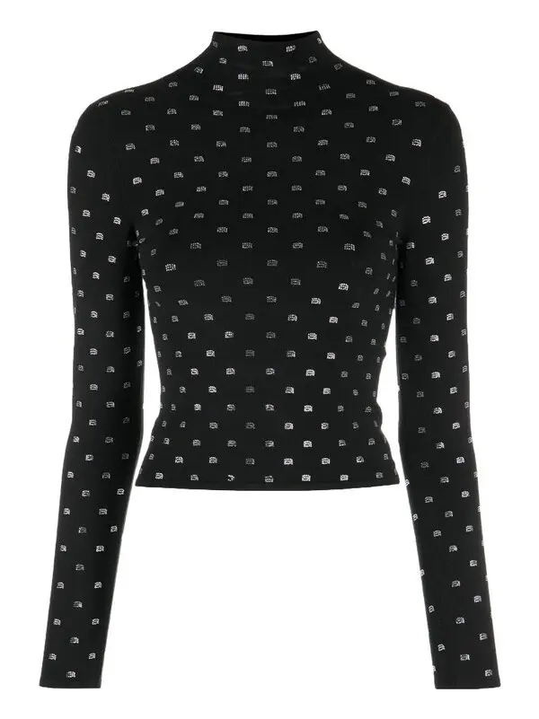 Alexander Wang Logo Rhinestone Long Sleeve Top - Black