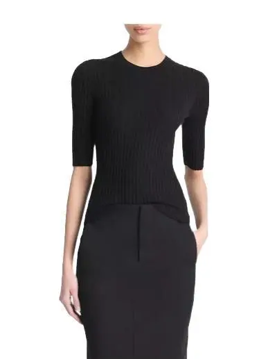 Vince Snap Elbow-sleeve Ribbed Knit Top - Black