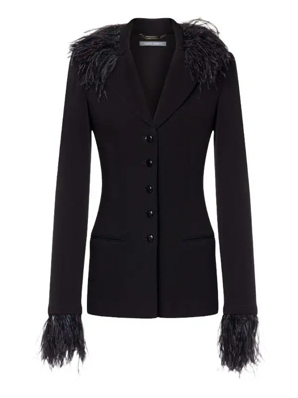 Alberta Ferretti Embellished Single-breasted Blazer With Feather Trim - Black