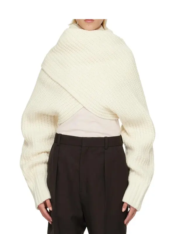 Sacai Ribbed Knit Cropped Turtleneck Sweater With Integrated Hood - Off White