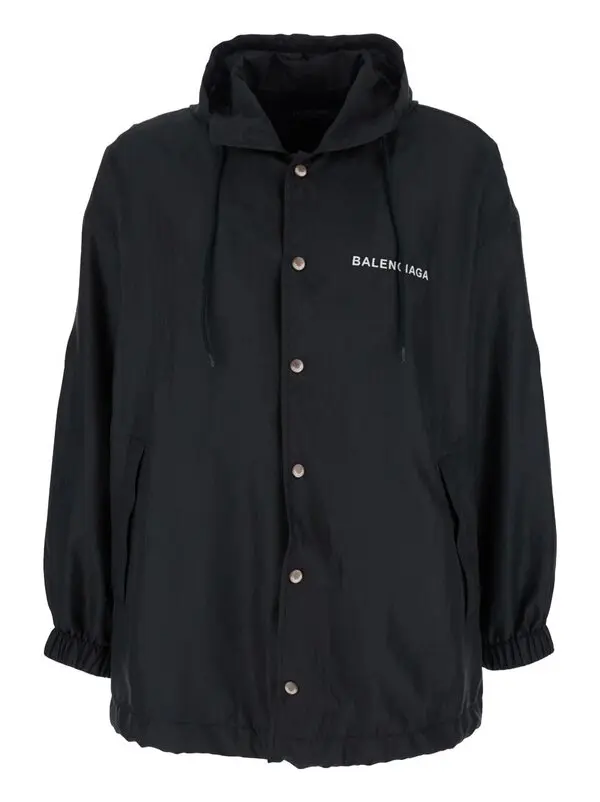 Balenciaga Logo Patch Hooded Coat - Black
