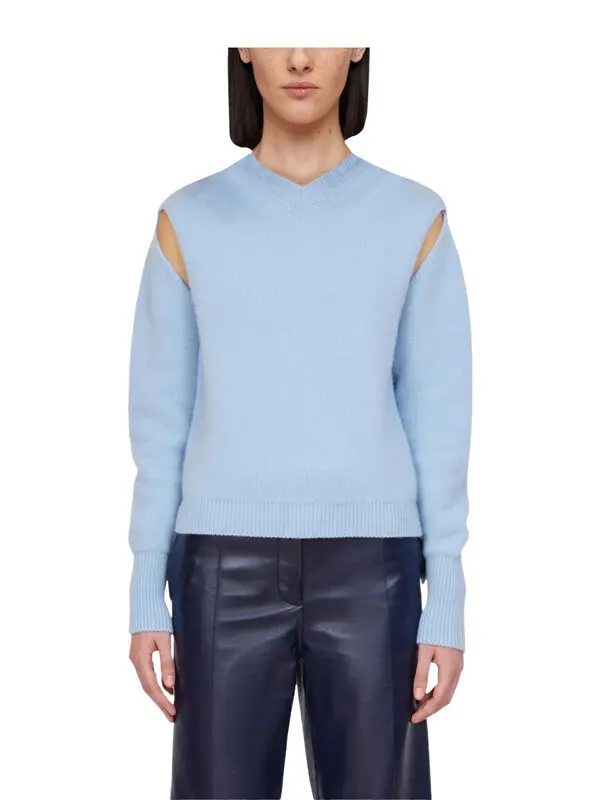 FERRAGAMO V-neck Cashmere Sweater With Shoulder Slits - Light Blue