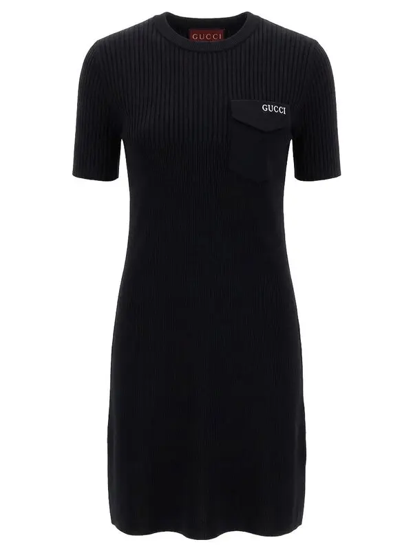 Gucci Ribbed Crewneck Short Sleeve Dress With Pocket Detail - Black