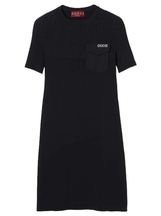 Gucci Ribbed Crewneck Short Sleeve Dress With Pocket Detail - Black