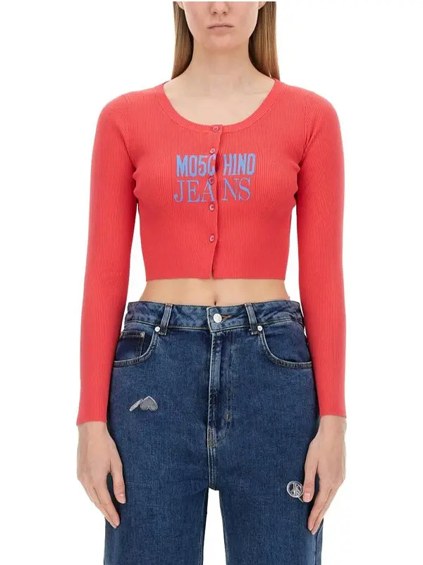 Moschino Cropped Ribbed Cardigan With Logo Detail - Red