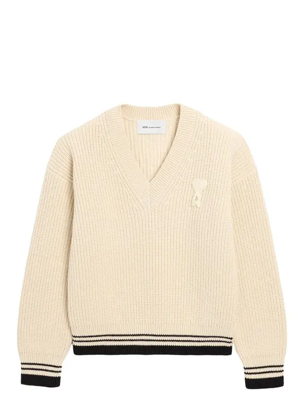 Ami Long-sleeved V-neck Jumper With Crochet Patch - Nude