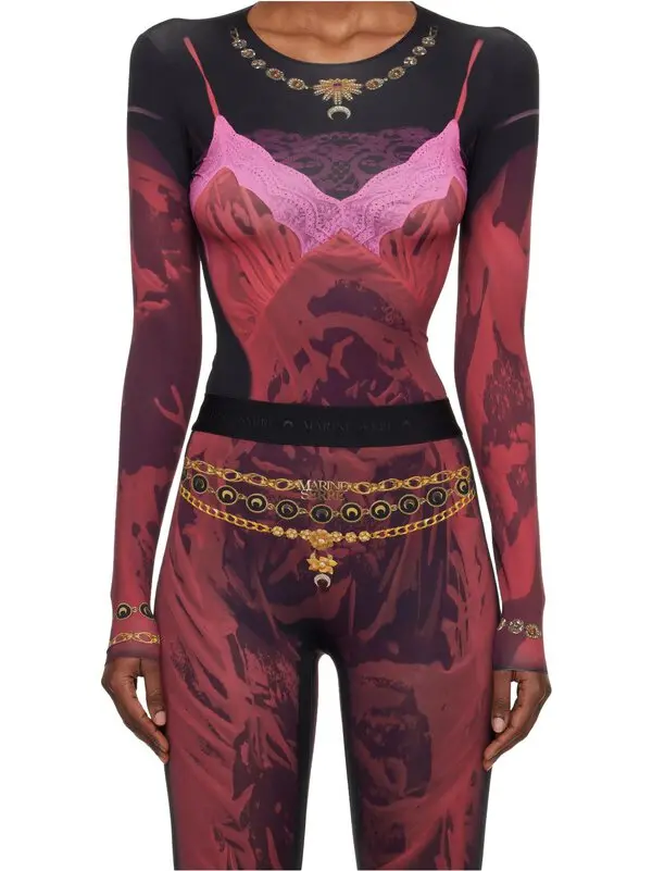 MARINE SERRE Printed Crewneck Long Sleeve T-shirt - Red