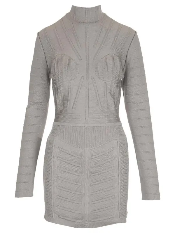 Balmain High-neck Zip-up Knitted Dress - Gray