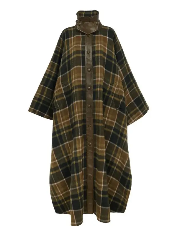 Chloé Checked Wool And Leather Long Coat - Black/green