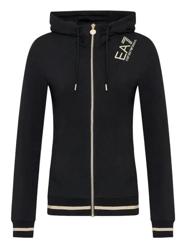 EA7 Logo Zip Up Hooded Casual Coat - Black