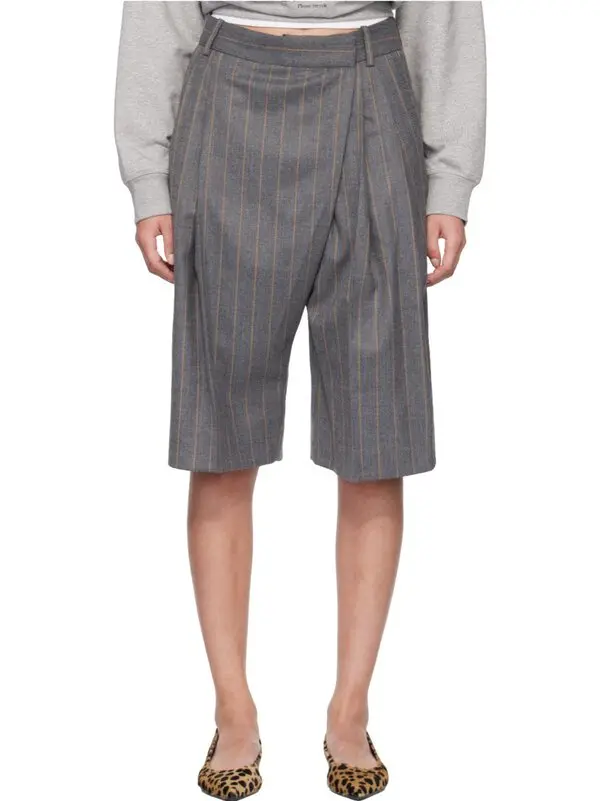 GANNI Wool Blend Striped Pleated Shorts - Gray