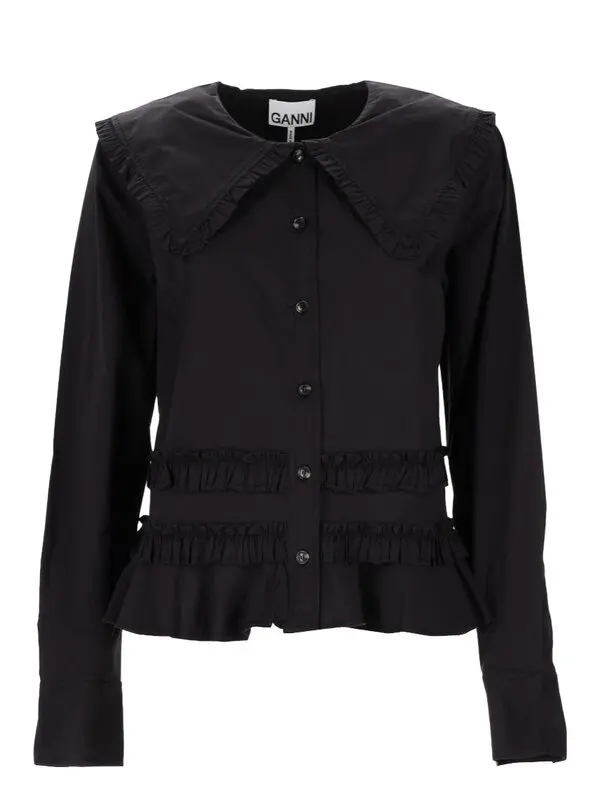 GANNI Long-sleeved Ruffled Shirt - Black