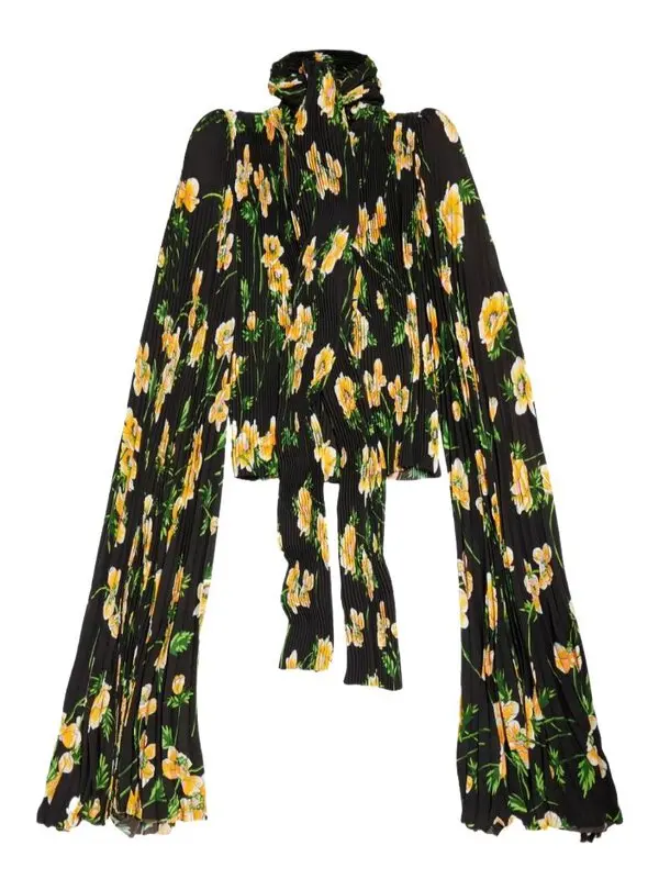 Balenciaga Floral Printed Pleated Scarf Blouse - Black