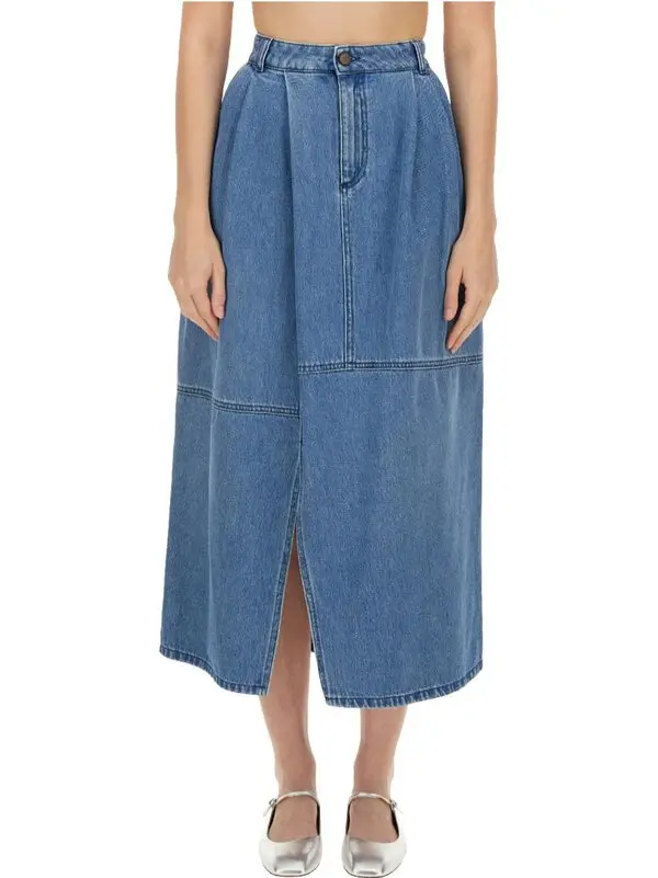 ALYSI Pleated Denim Midi Skirt With Slit Detail - Blue