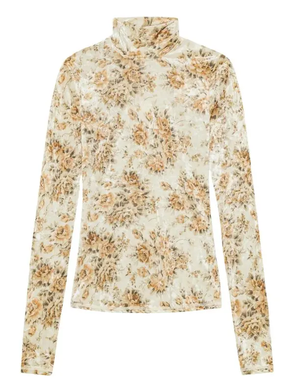 GANNI Floral Print High Neck Long Sleeve Top - Nude