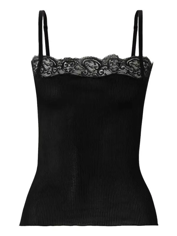 Saint Laurent Ribbed Lace Trim Tank Top - Black